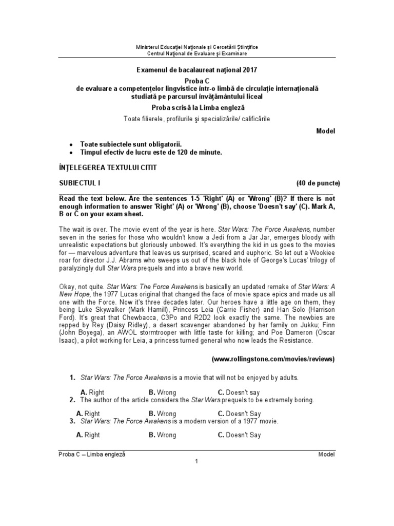 C Engleza Scris Model Subiect PDF | PDF