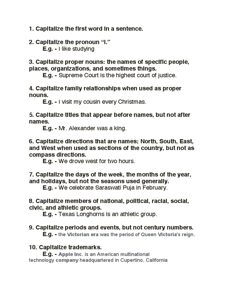 Capitalization Rules Grammar Guide | PDF