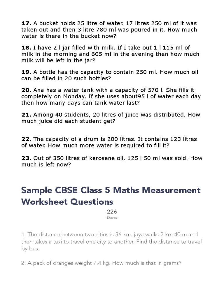 Sample CBSE Class 5 Maths Measurement Worksheet Questions: Shares | PDF ...