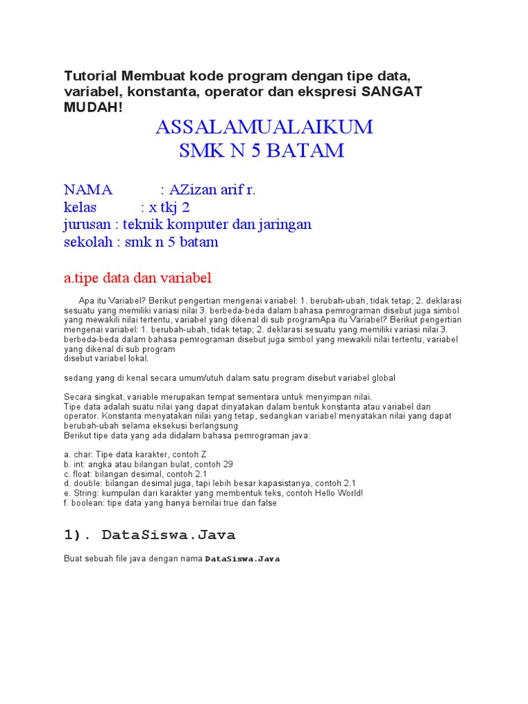 Judul Tutorial Lengkap tentang Tipe Data, Variabel, Konstanta, Operator dan Ekspresi dalam ...