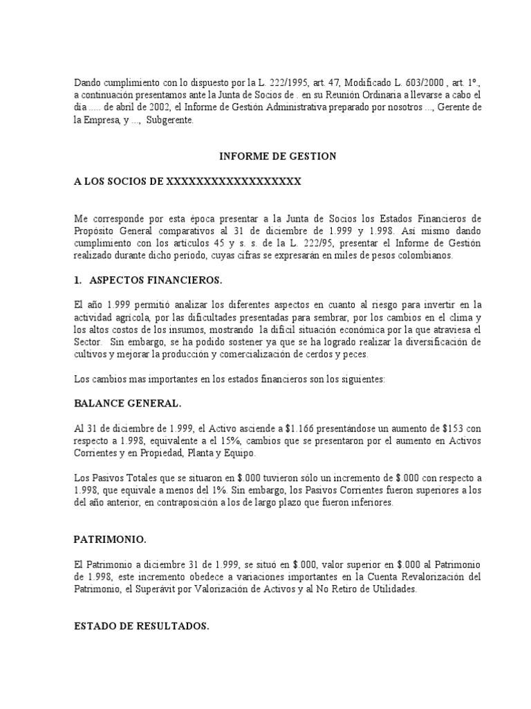 Modelo Informe de Gestion | PDF | Estado financiero | Bancos