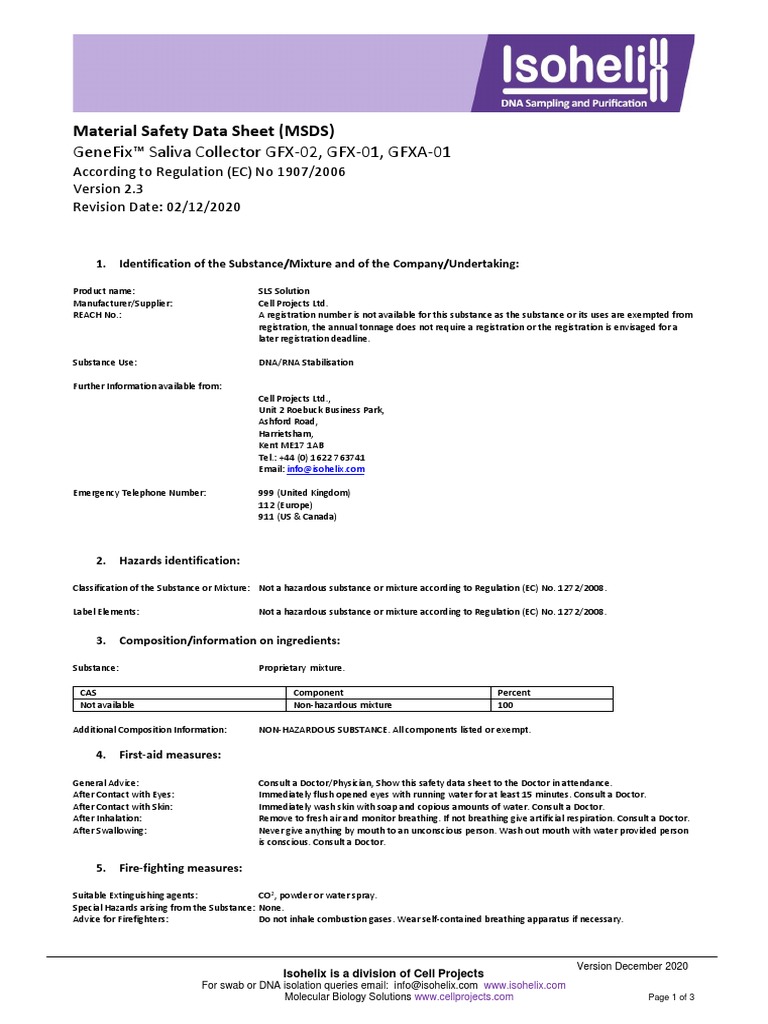 Genefix™ Saliva Collector Gfx-02, Gfx-01, Gfxa-01: Material Safety Data Sheet (MSDS) | PDF ...
