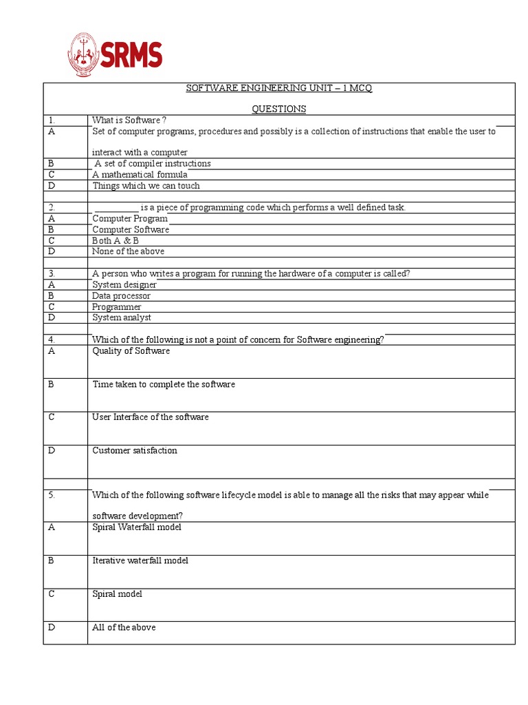All MCQ of Software Engineering Unit 1,2,3,4,5.docx Answer Key | PDF ...