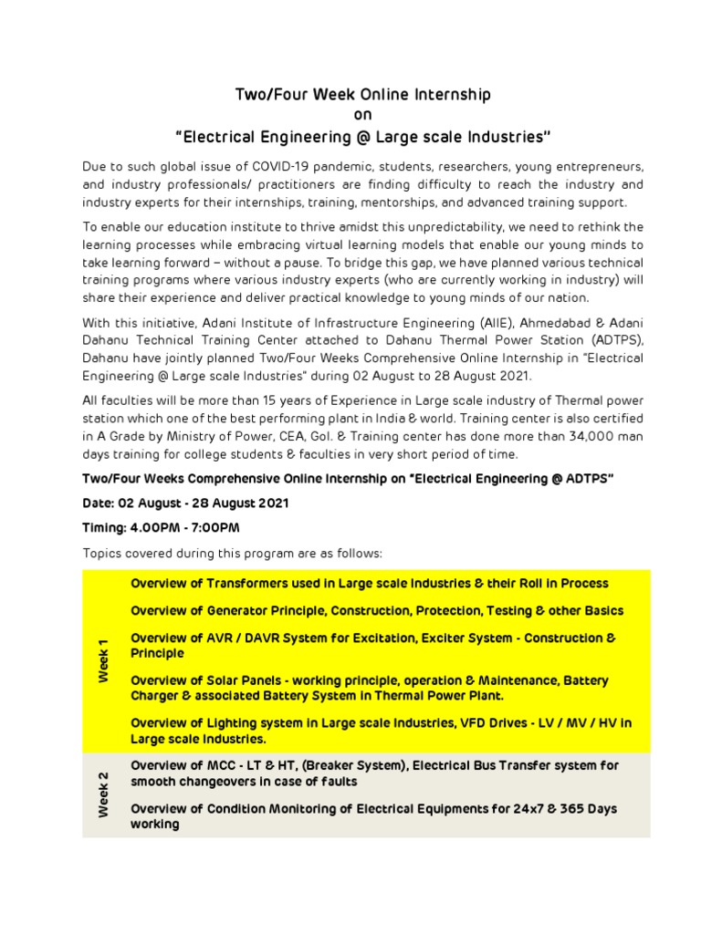 Internship Electrical Engineering Large Scale Industries Pdf