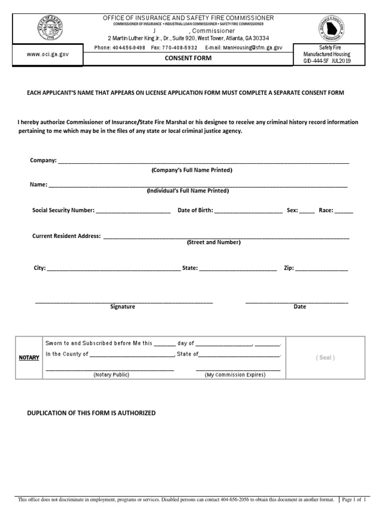 Consent Form: Office of Insurance and Safety Fire Commissioner JRKQ ...