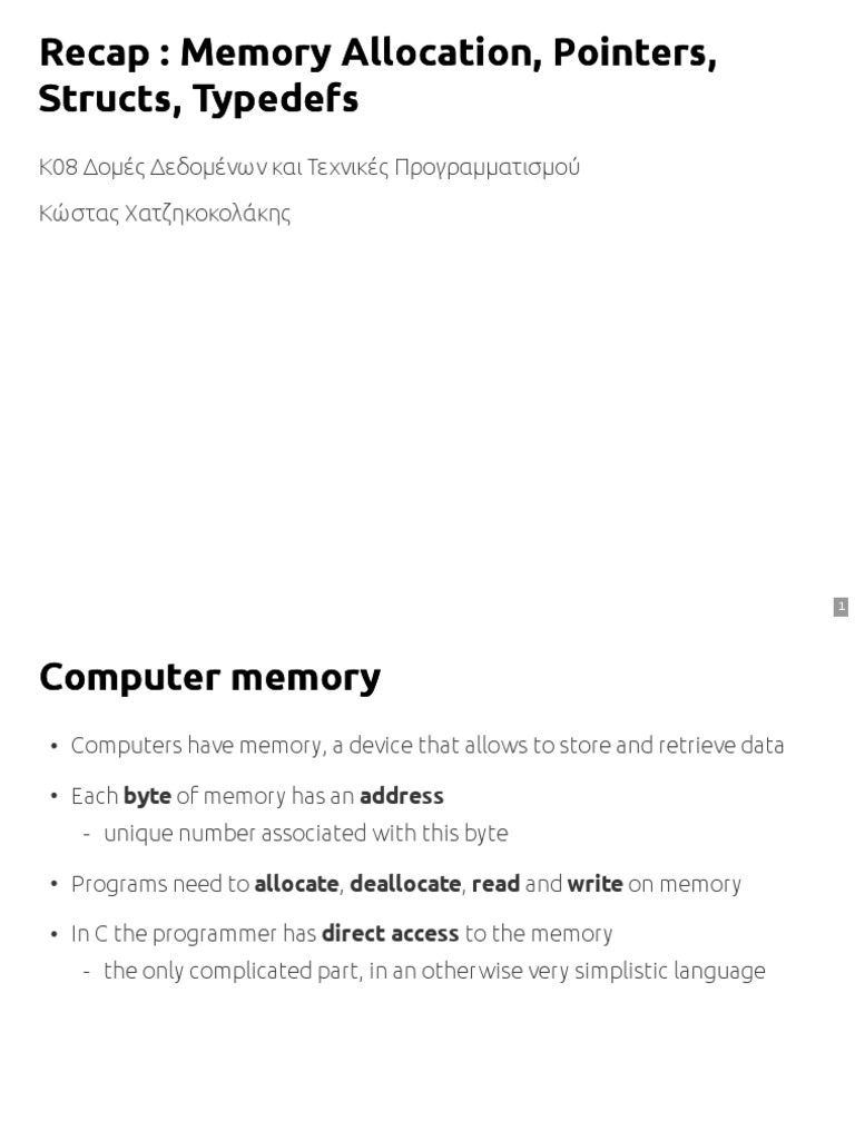 Memory Allocation Pointers Structs And Typedefs Recap Pdf Pointer Computer Programming