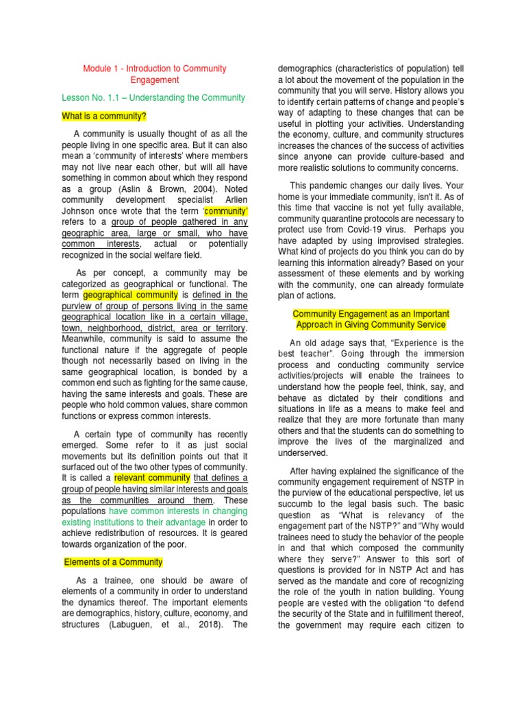 Module 1 - Introduction To Community Engagement: Lesson No. 1.1 ...