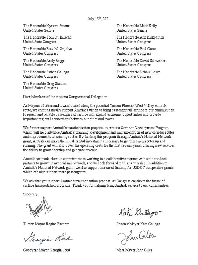 Regional Mayors Letter of Support Amtrak Corridor Development Program ...