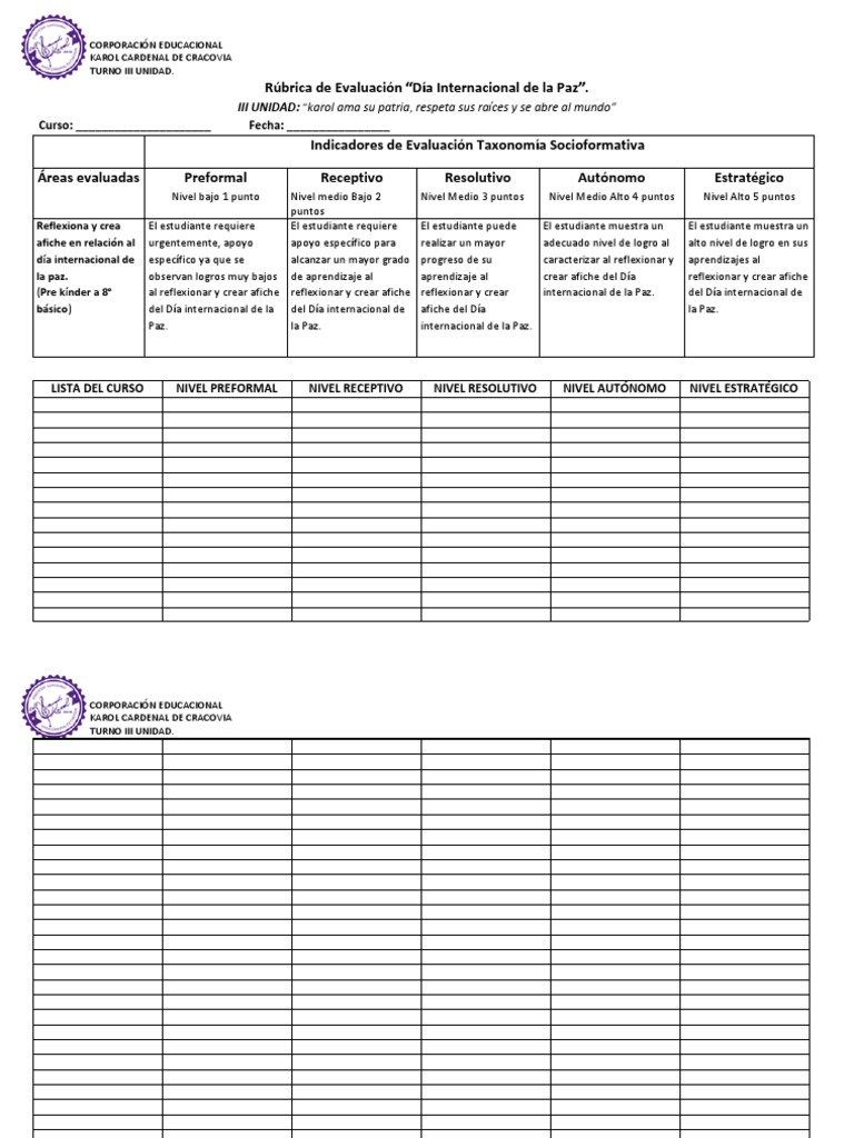 Evaluación Día de la Paz: Rúbrica Escolar | PDF | Crecimiento personal ...