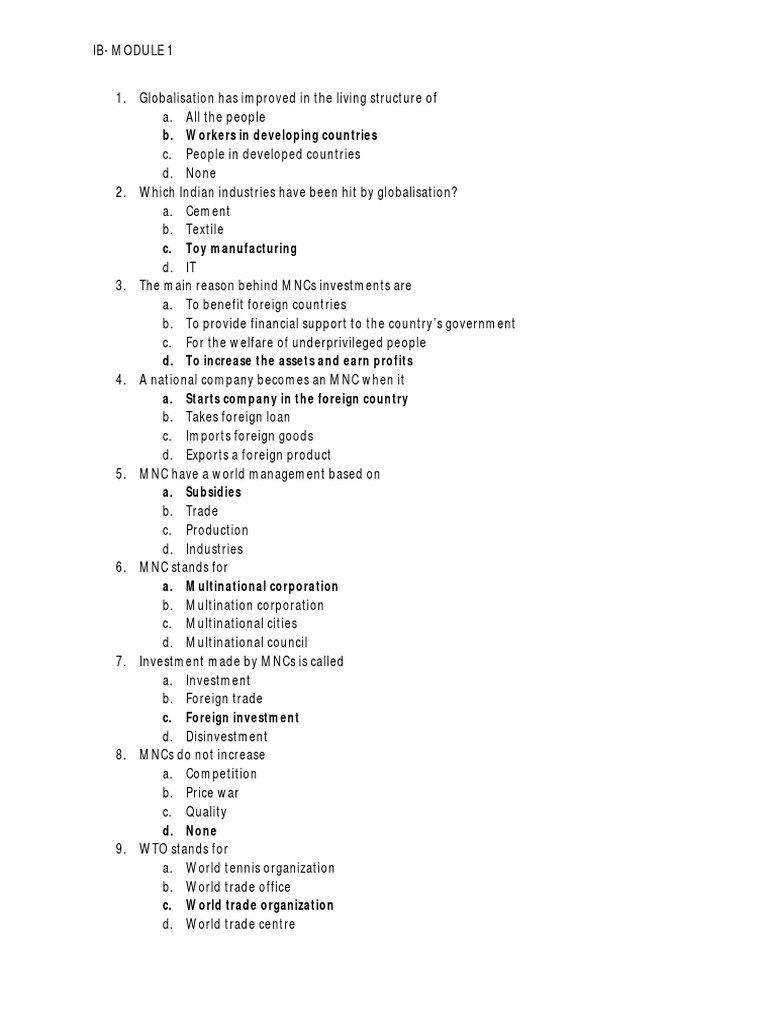 MCQ IB Module 1 Exam | PDF | Multinational Corporation | International Trade