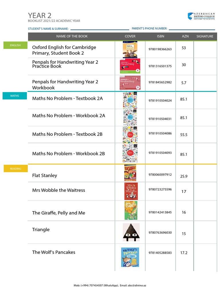 Year 2 Book List | Download Free PDF | Educational Materials | Books