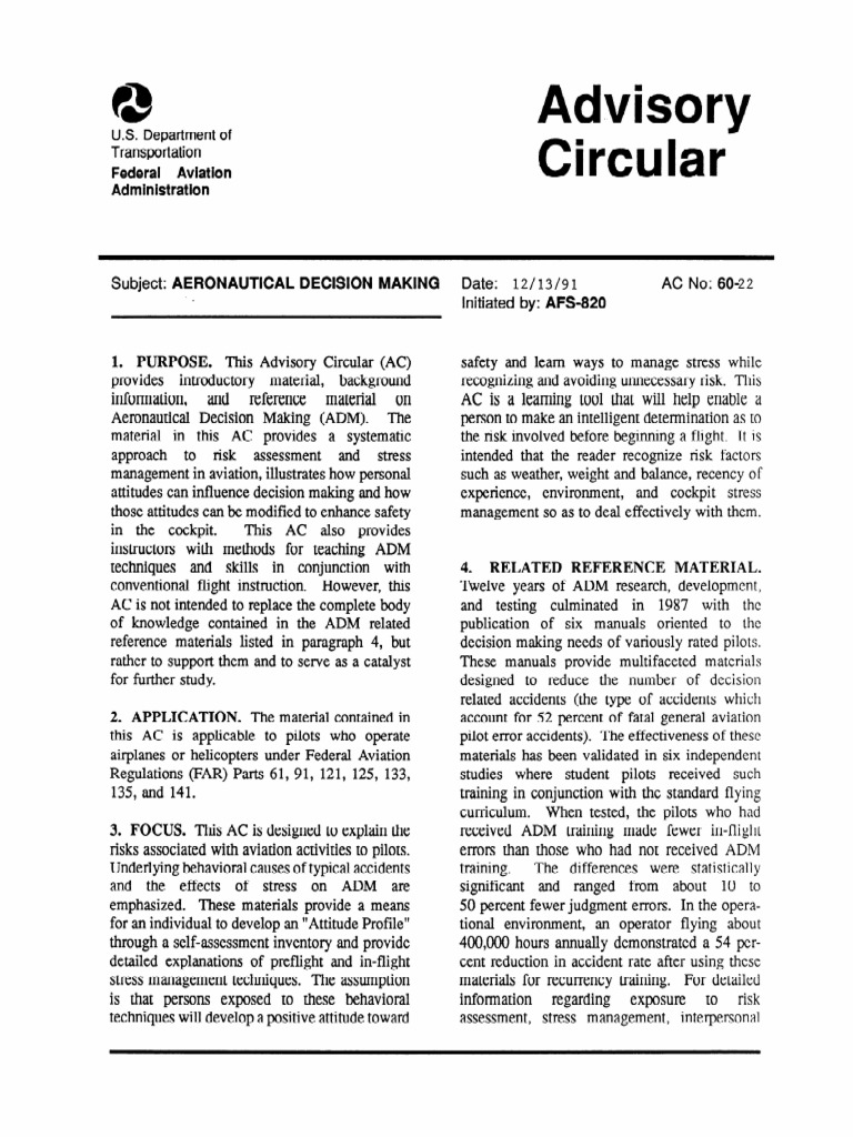 FAA AC 60-22 December 1991 Aeronautical Decision Making | PDF | Visual ...