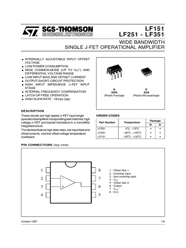 LF151 LF251 - LF351: Wide Bandwidth Single J-Fet Operational Amplifier ...