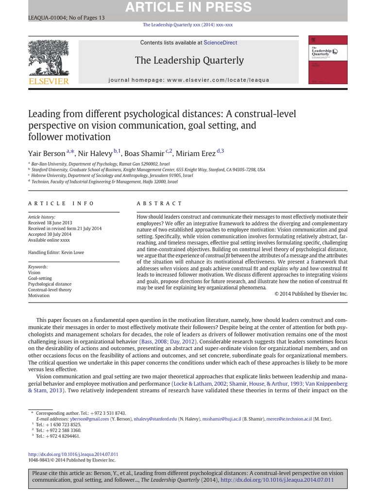 The Leadership Quarterly: Yair Berson, Nir Halevy, Boas Shamir, Miriam ...