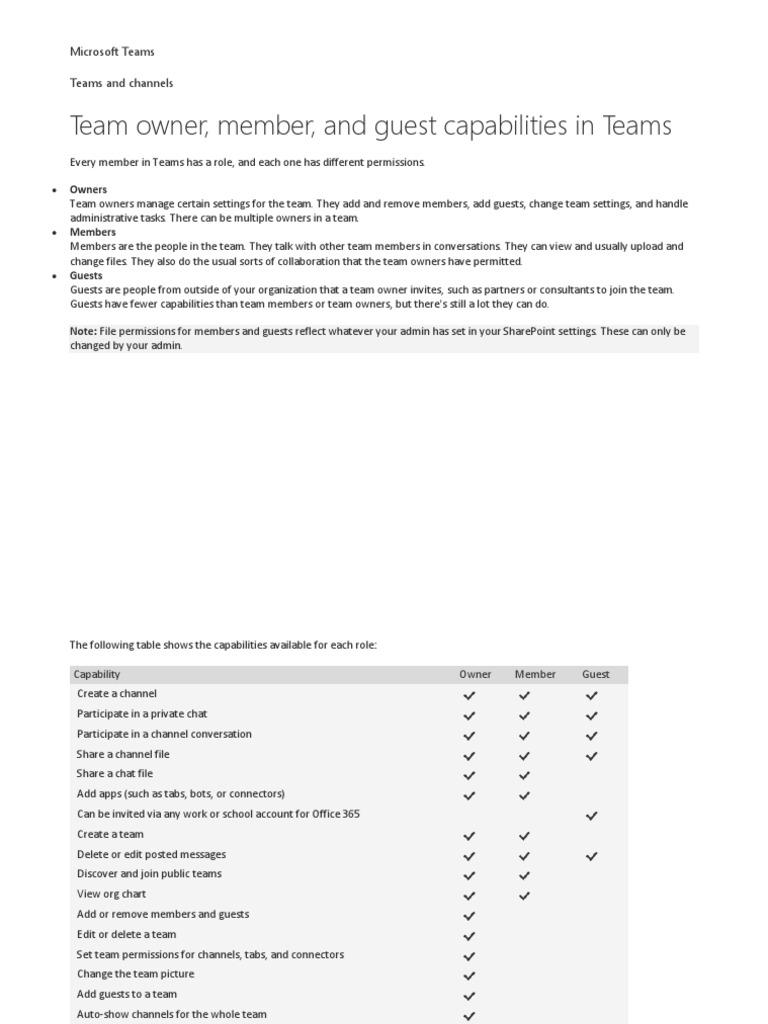 Team Owner, Member, and Guest Capabilities in Teams | PDF