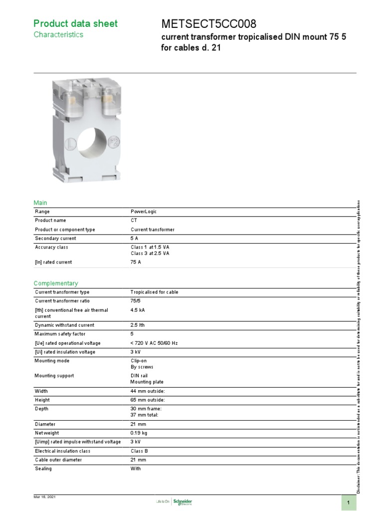 Current Transformer METSECT5CC008 Data Sheet | PDF | Transformer ...