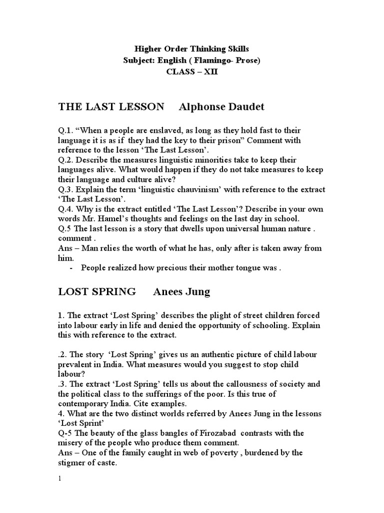 THE LAST LESSON Alphonse Daudet: Higher Order Thinking Skills Subject ...