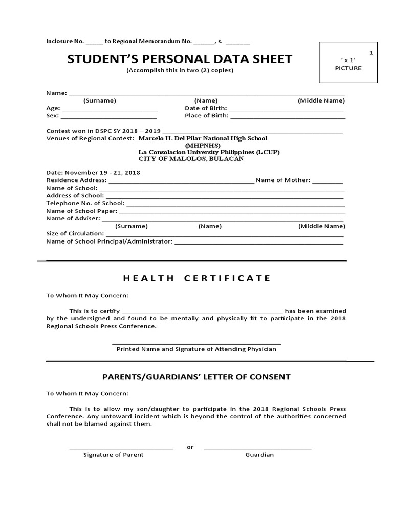 Student'S Personal Data Sheet: Health Certificate | PDF