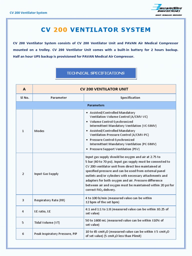 CV 200 Ventilator System Specifications | PDF | Power Supply | Equipment