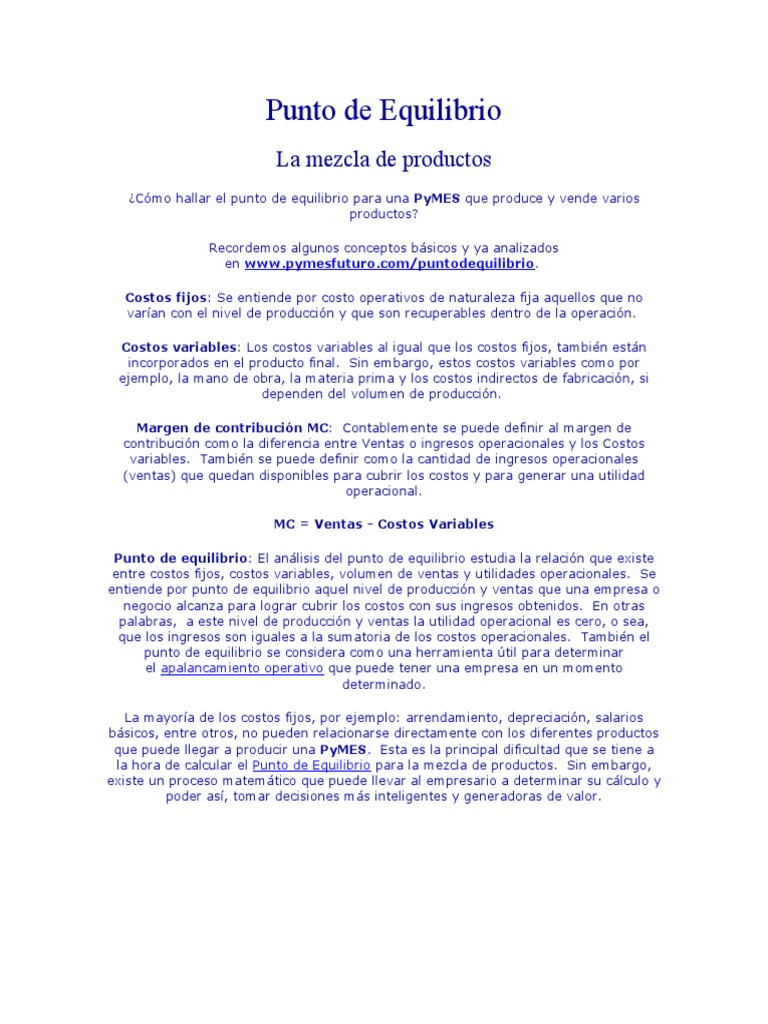 Punto de Equilibrio | Descargar gratis PDF | Costo | Apalancamiento (Finanzas)