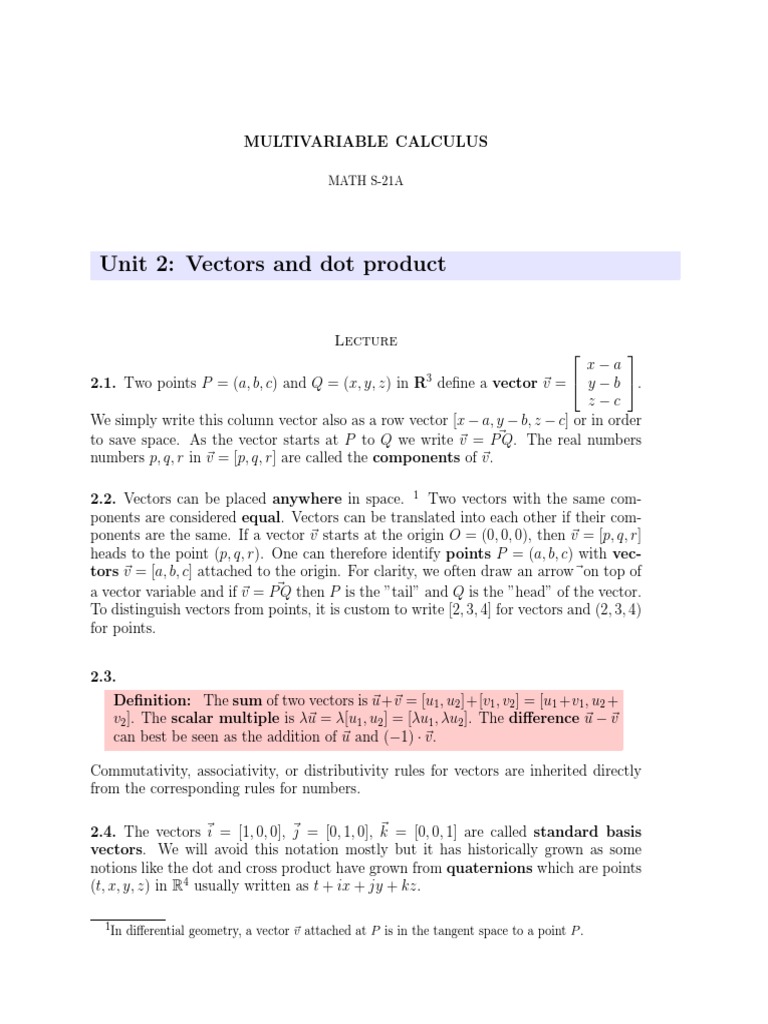 Unit 2: Vectors and Dot Product: Math S-21A | PDF | Vector Space | Euclidean Vector