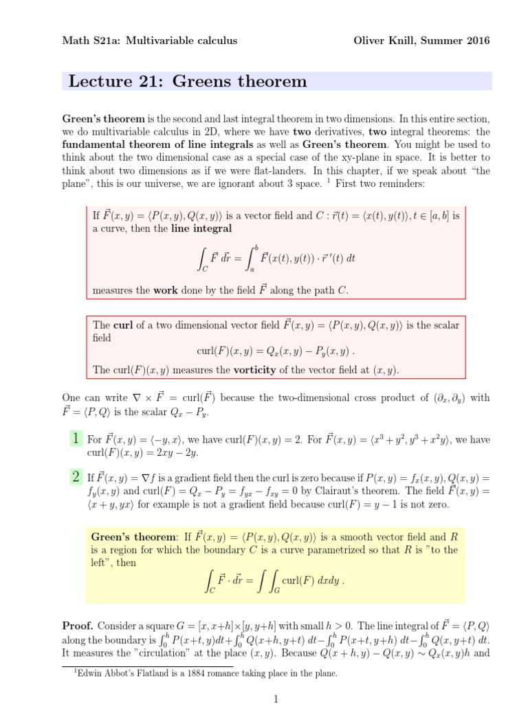 Lecture 21: Greens Theorem: Edwin Abbot's Flatland Is A 1884 Romance Taking Place in The Plane ...