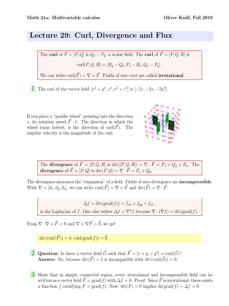 Lecture 29: Curl, Divergence and Flux | PDF | Divergence | Multivariable Calculus