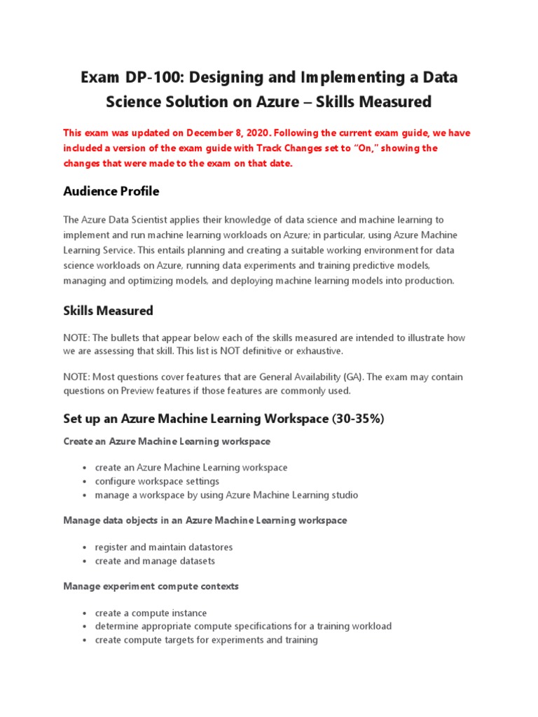 Exam DP 100 Data Science Solution On Azure Skills Measured | PDF | Machine Learning | Computer ...