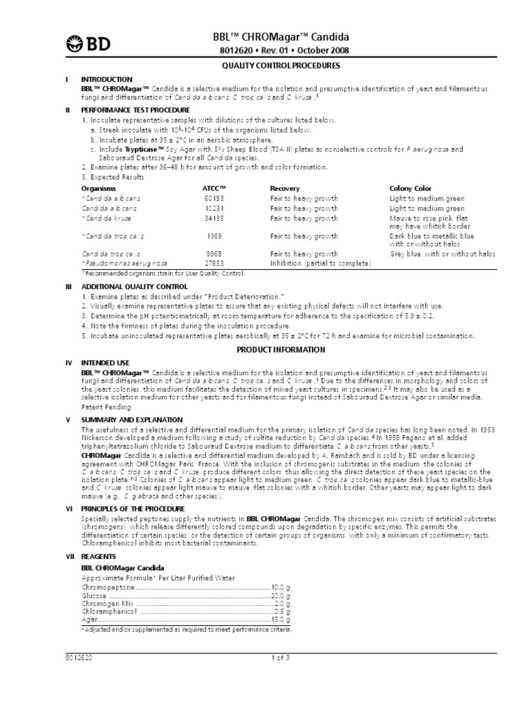 BBL Chromagar Candida: ™ ™ 8012620 - Rev. 01 - October 2008 | PDF ...