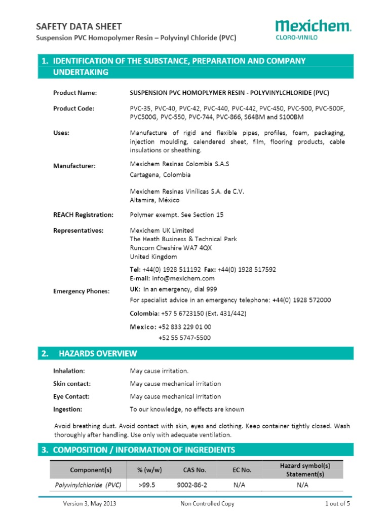 MSDS Suspension PVC Homopolymer Resin Polyvinyl Chloride (PVC) | PDF