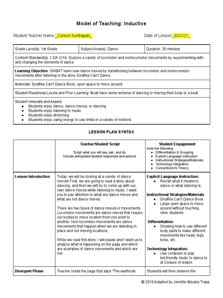 Inductive Model Carson Suntrapak | PDF | Dances | Lesson Plan