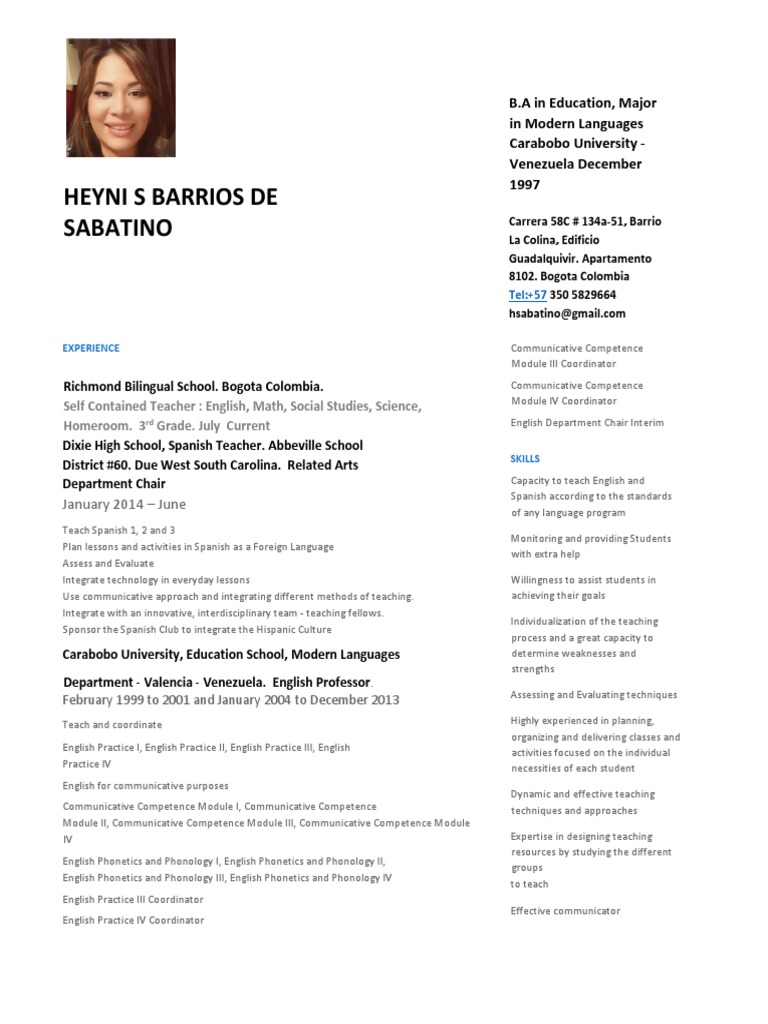 English Resume Heyni Colombia 1 PDF | PDF | English As A Second Or ...