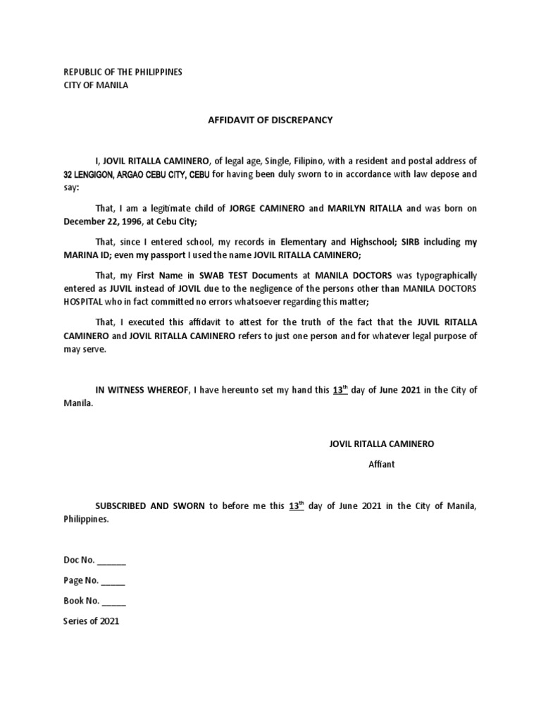 Affidavit Discrepancy Name | PDF