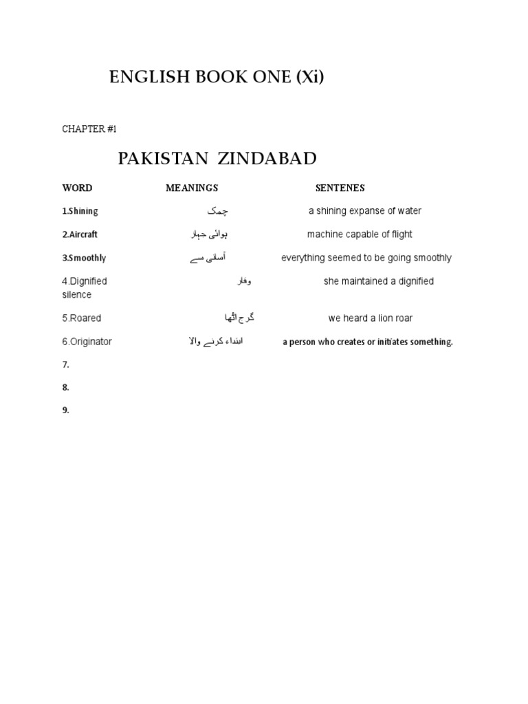 English Book One (Xi) : Word Meanings Sentenes | PDF