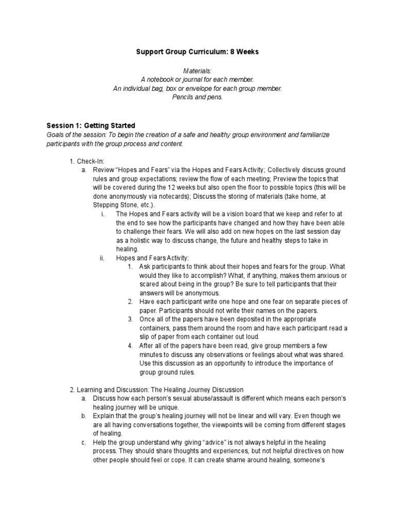 Support Group Curriculum 8 Weeks | PDF | Consent | Anxiety