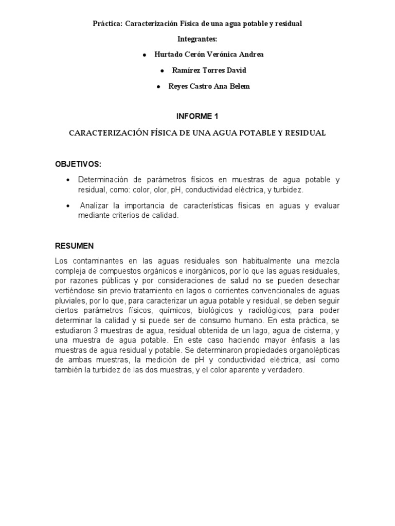Reporte. Caracterizacion Fisica de Un Agua Residual y Potable. | PDF | Color | Ph
