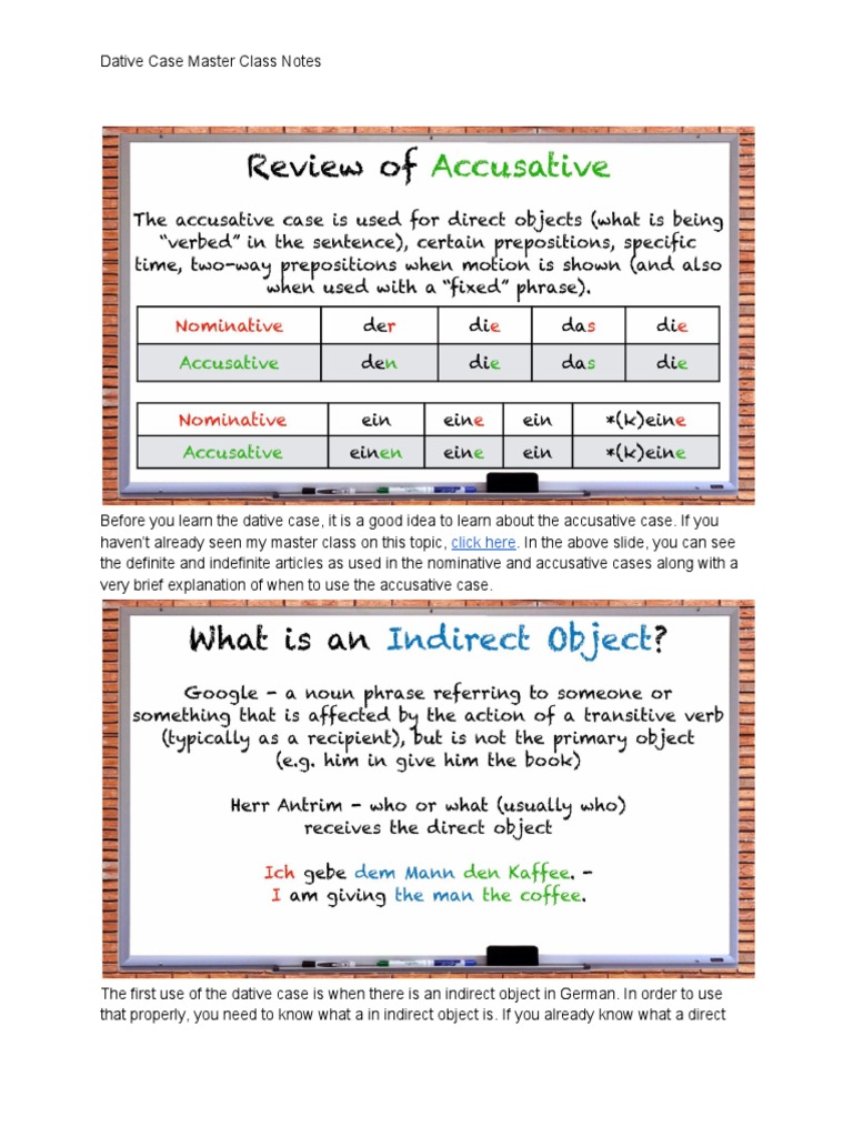 Dative Case Master Class Notes | PDF | Preposition And Postposition | Verb