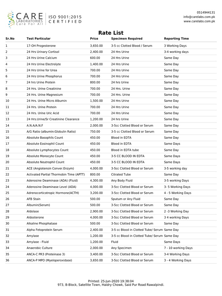 CARE LAB Rate List 2021 | PDF | Blood Plasma | Urine