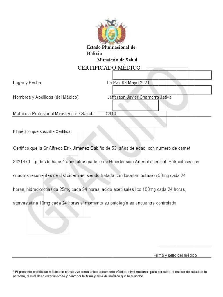Certificado Medico Erick | PDF