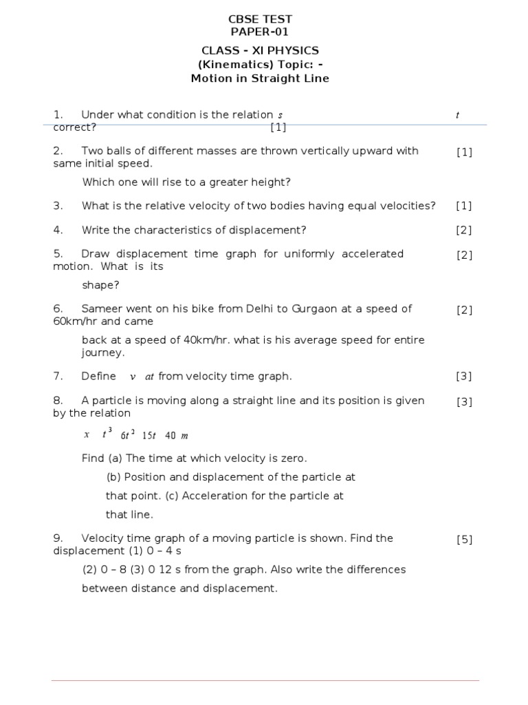 11 Physics Kinematics Test 01 | PDF