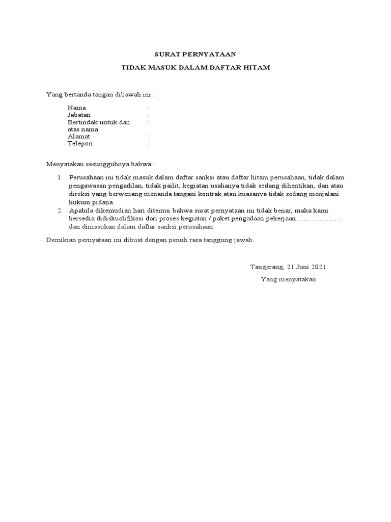 Surat Pernyataan Tidak Masuk Daftar Hitam | PDF