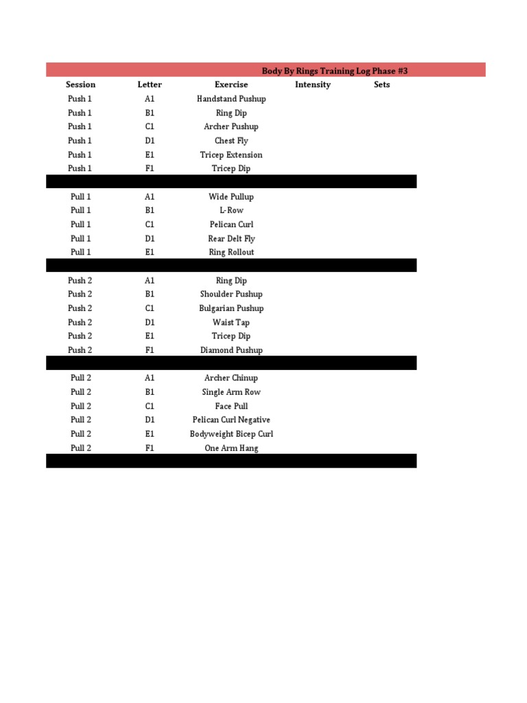 Body by Rings Training Log Phase #3 Session Letter Exercise Intensity ...