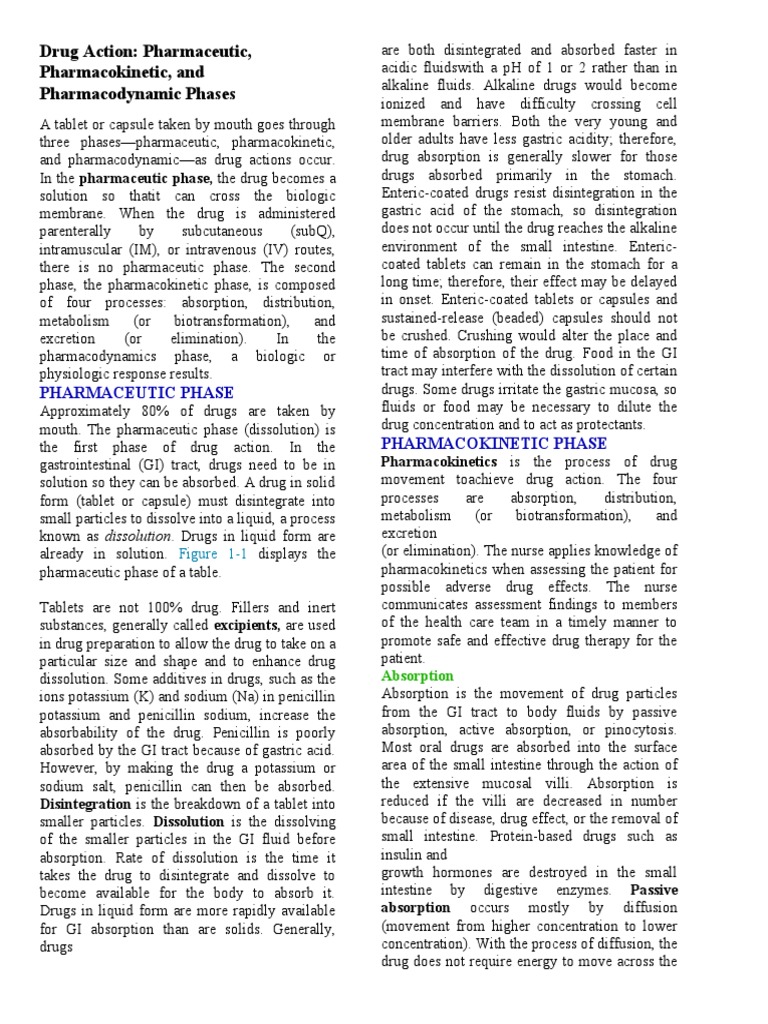 Drug Action: Pharmaceutic, Pharmacokinetic, and Pharmacodynamic Phases ...