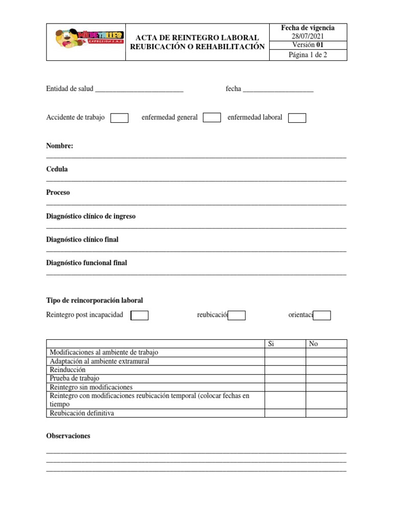 Acta de Reintegro y Reubicación Laboral | PDF | Enfermedades y trastornos | Cuidado de la salud