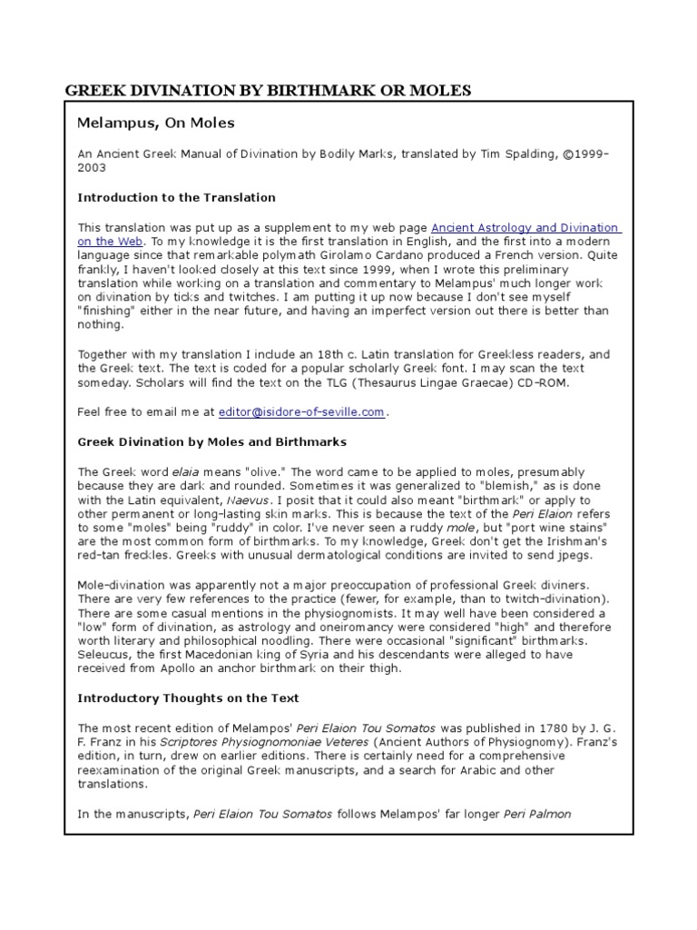 Ancient Greek Divination by Birthmarks and Moles | PDF | Translations ...