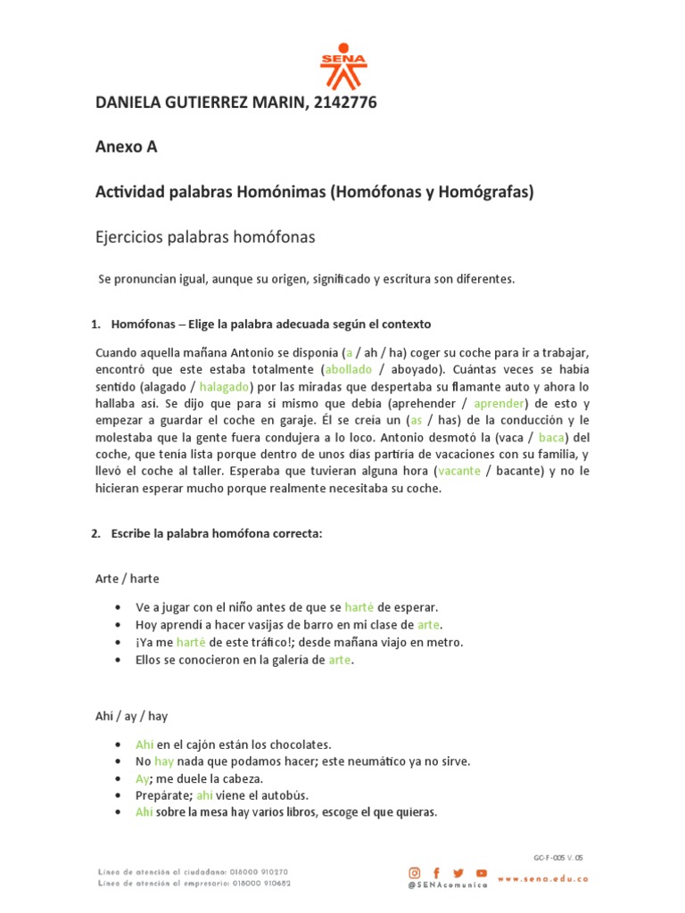 Ejercicios de Homófonas y Homógrafas | PDF