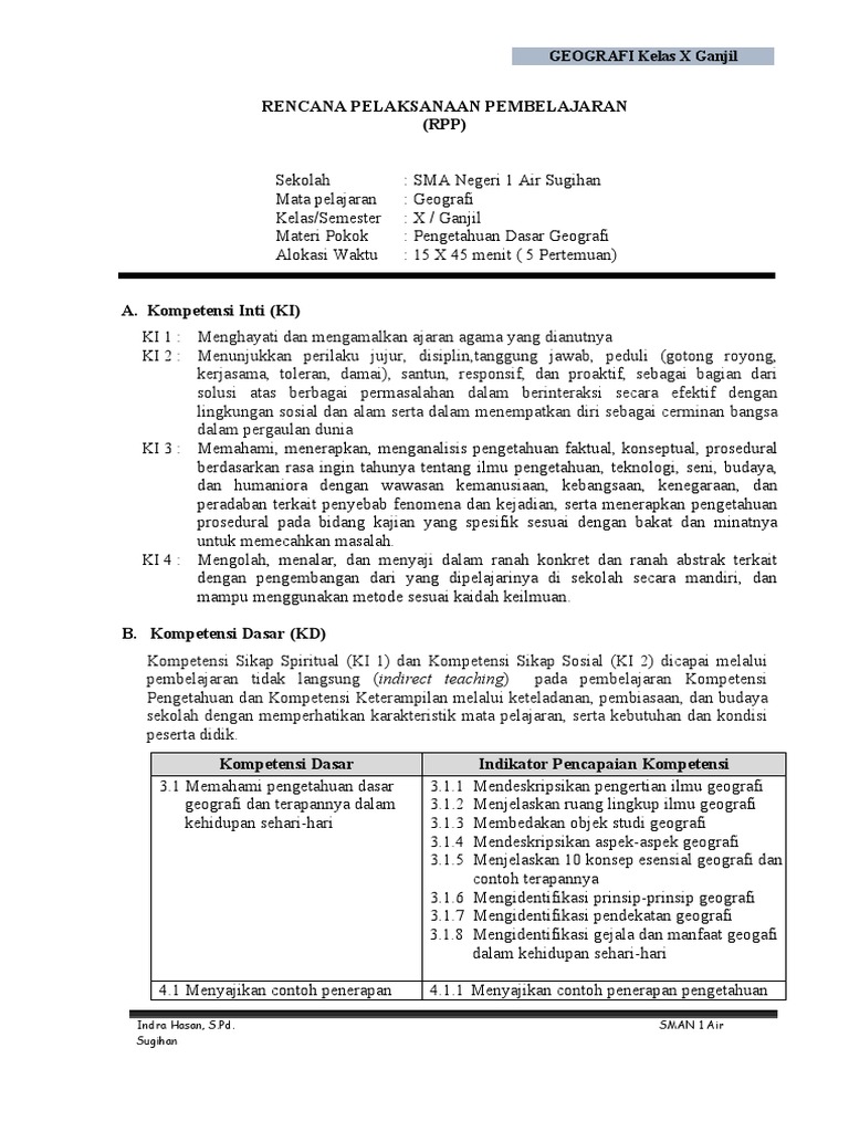 Rencana Pelaksanaan Pembelajaran (RPP) : GEOGRAFI Kelas X Ganjil | PDF | Ilmu Sosial