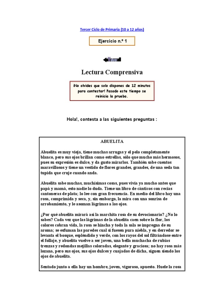3er Ciclo de Primaria - LA Abuelita - Test de Lectura Comprensiva | PDF ...