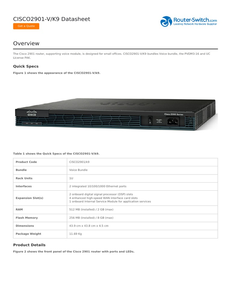 CISCO2901-V/K9 Datasheet: Quick Specs | PDF | Router (Computing) | Electronics