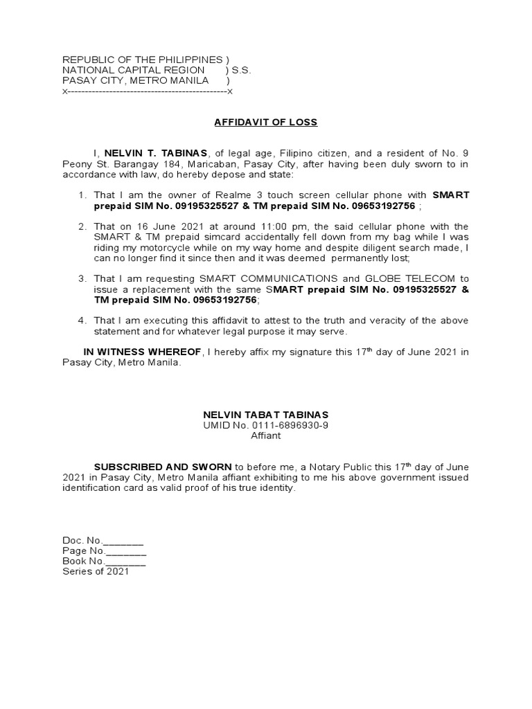 Affidavit of Loss (Draft) | PDF